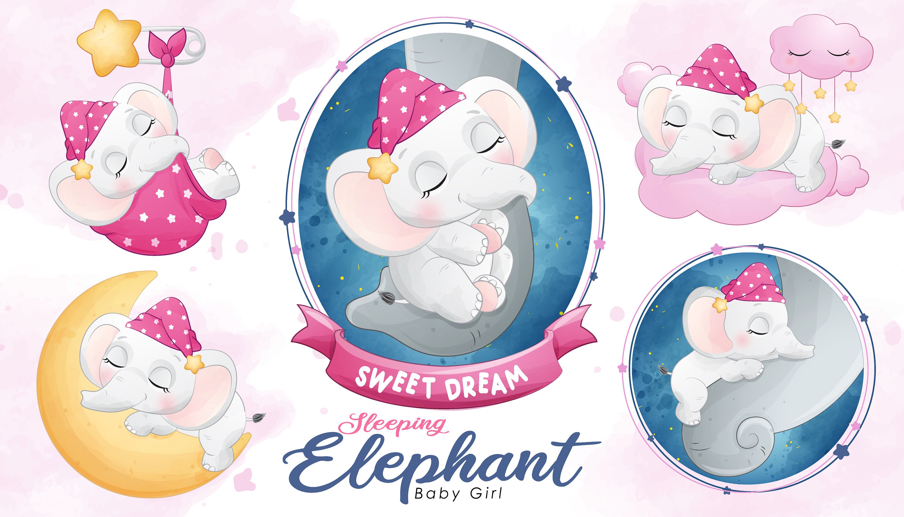 Cute sleeping elephant baby girl illustration digital clipart | Etsy
