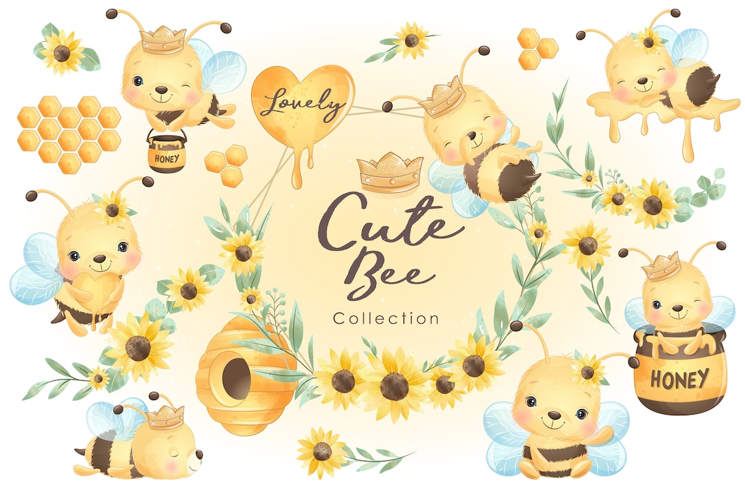 Cute Little Bee With Floral Clipart With Watercolor Illustration - Etsy