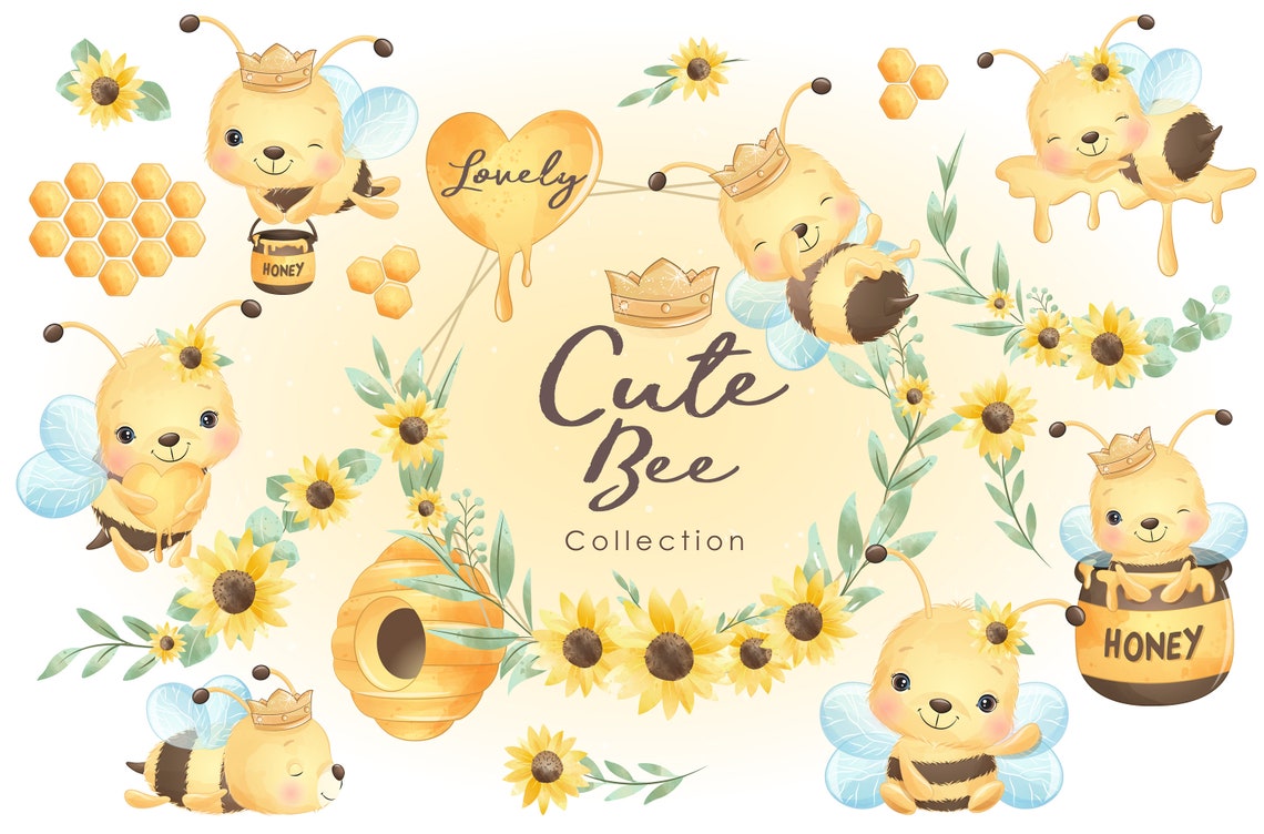 Cute Little Bee With Floral Clipart With Watercolor Illustration - Etsy