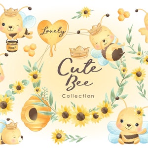 Cute Little Bee With Floral Clipart With Watercolor - Etsy