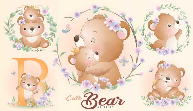 Cute Bear Clipart Set With Watercolor Illustration | Etsy