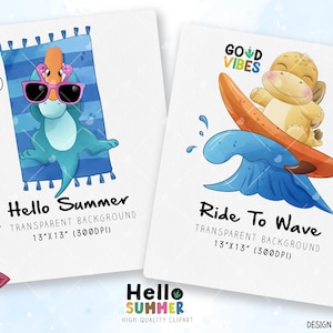 Doodle Dinosaurs Hello Summer Digital Clipart With Watercolor ...