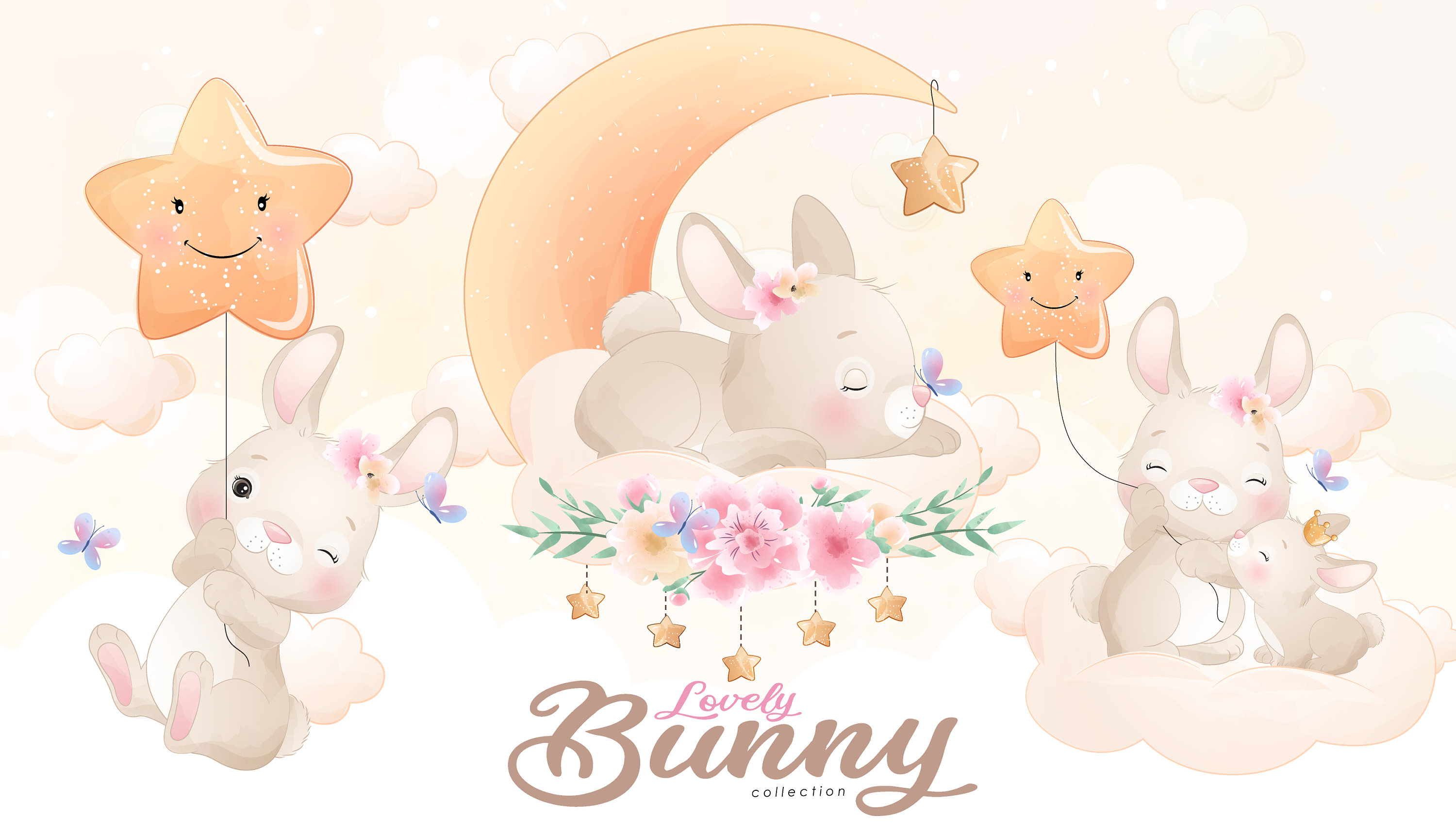 Cute Little Bunny Clipart Set With Watercolor Illustration - Etsy