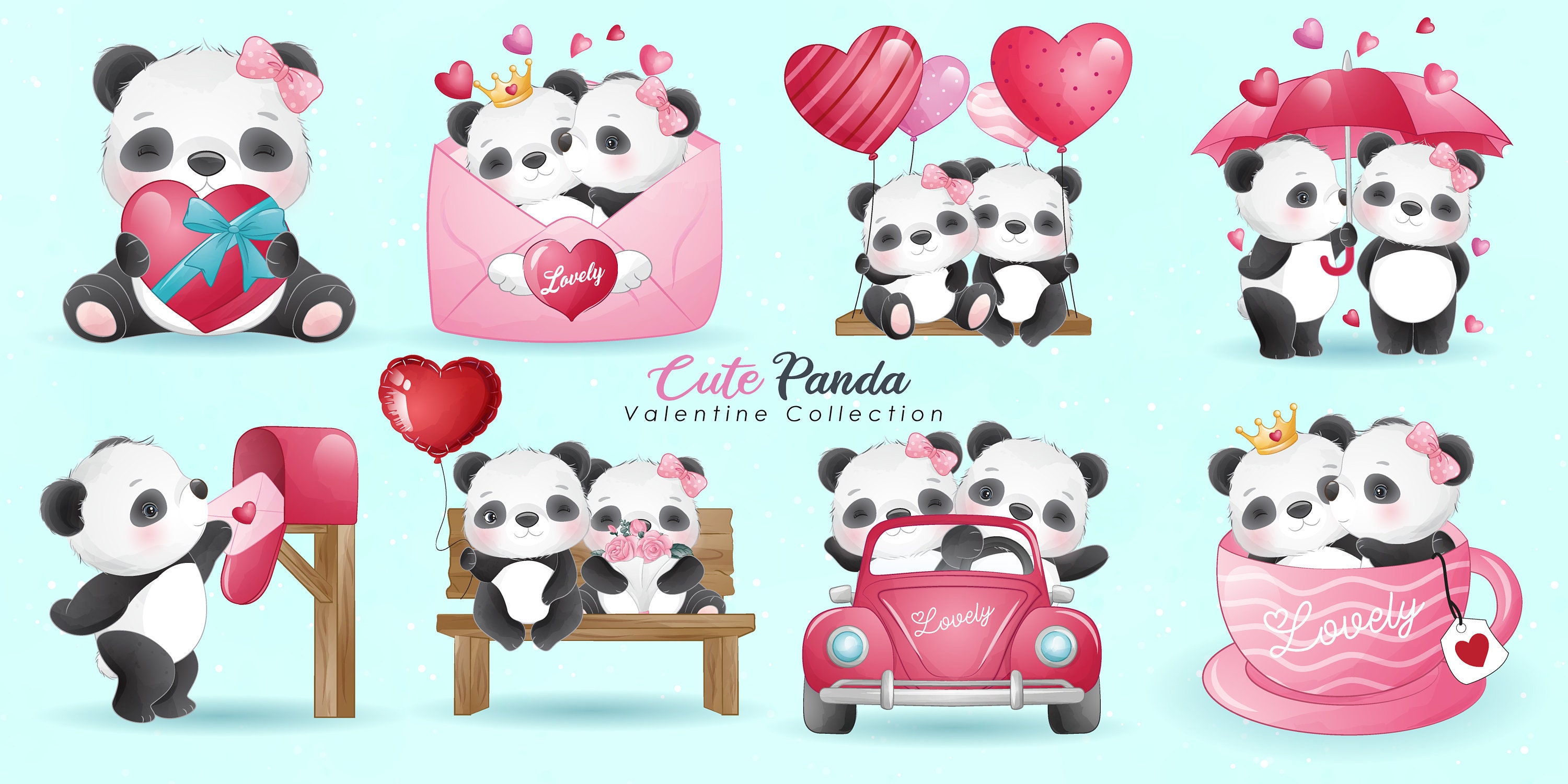 Cute Panda for Valentine's Day Clipart With Watercolor - Etsy