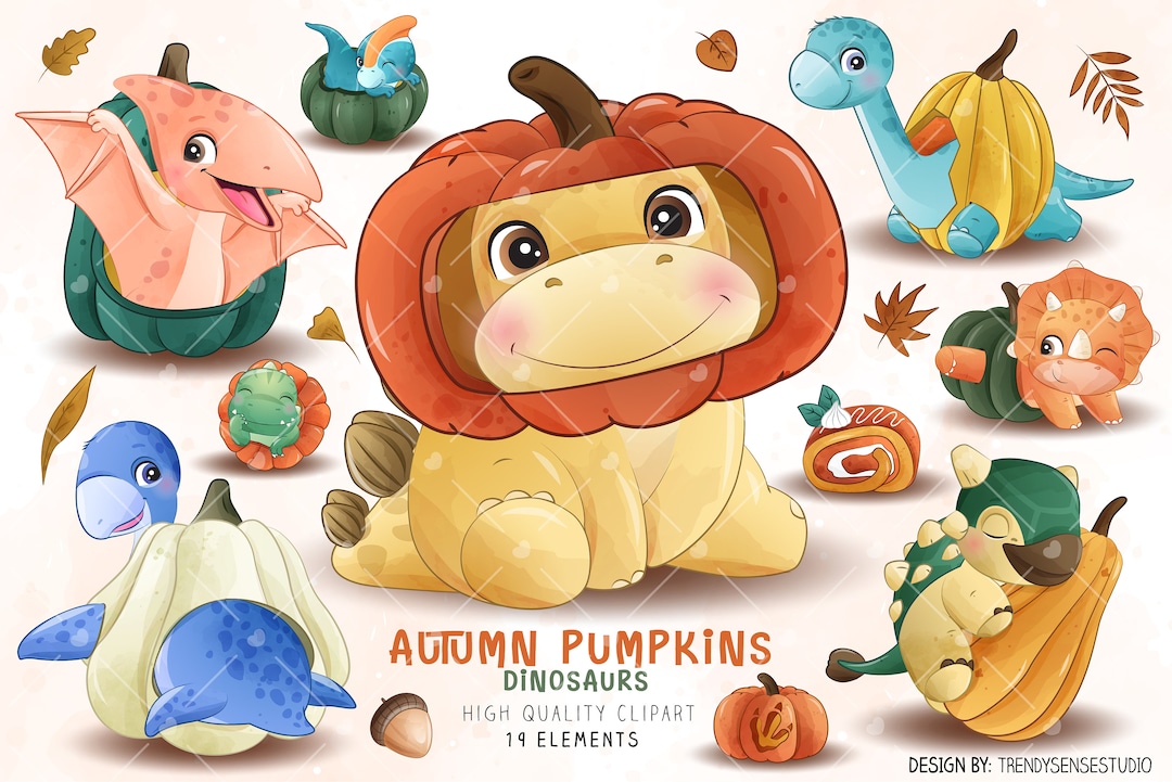 Doodle Dinosaurs Autumn Pumpkins Digital Clipart With Watercolor ...