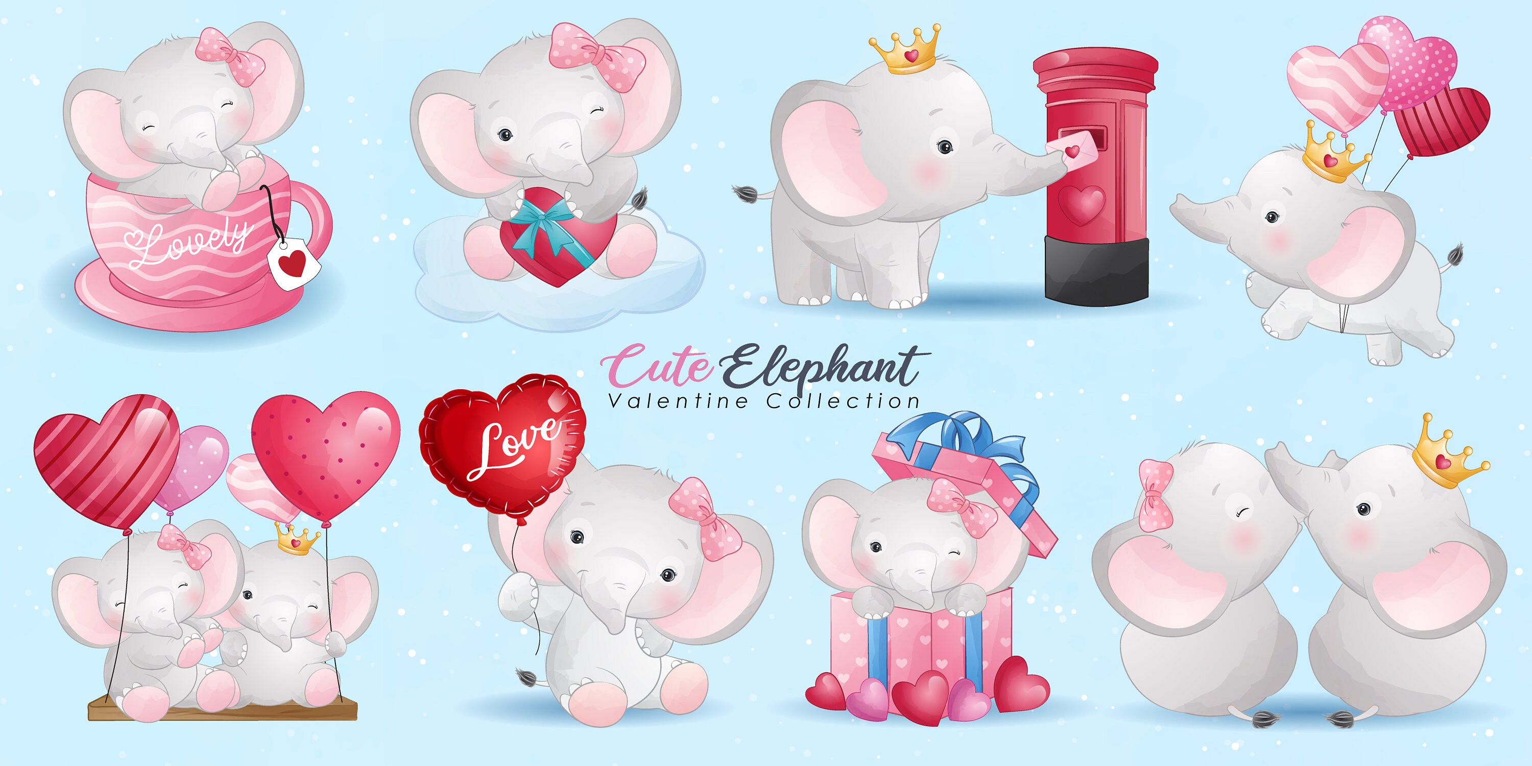 Cute Elephant for Valentine's Day Clipart With Watercolor | Etsy