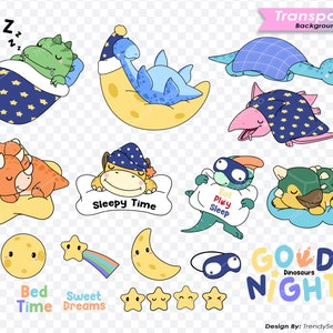 Doodle Dinosaurs Good Night Collection Digital Clipart Bundle, Sticker ...
