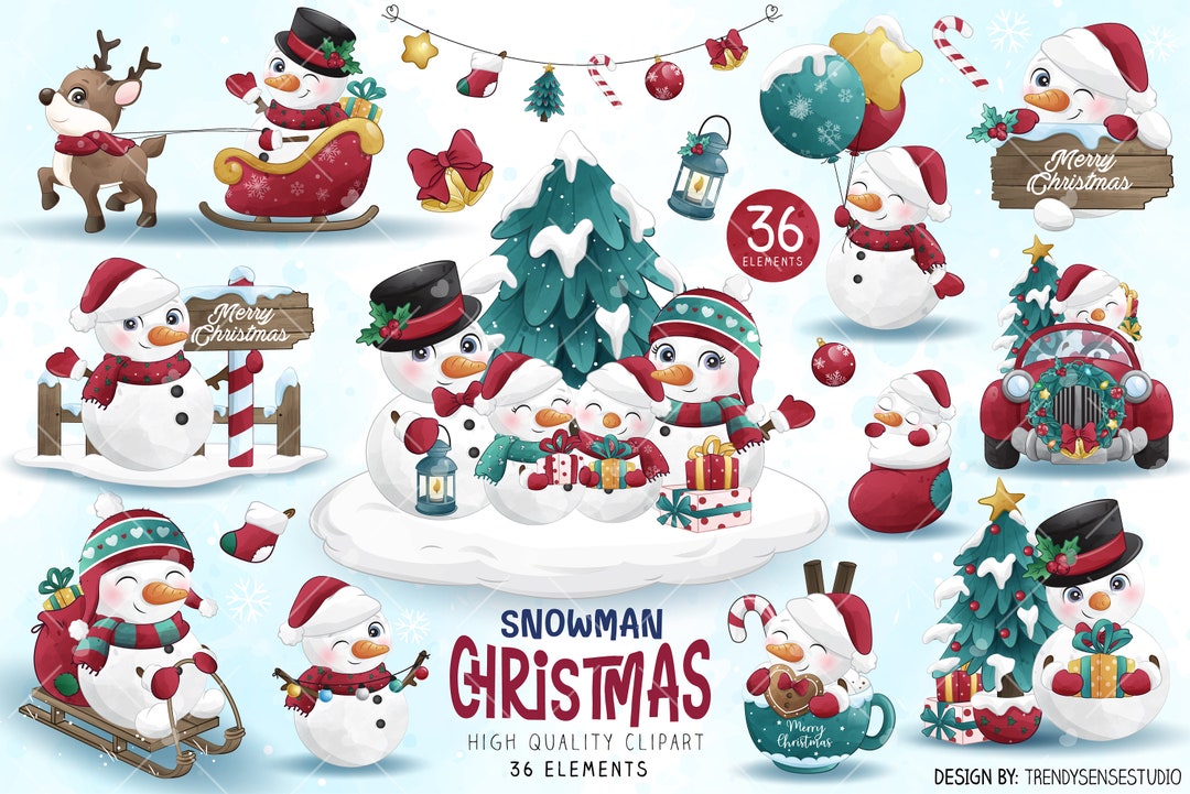 Adorable Snowman Christmas Digital Clipart Watercolor Illustration ...