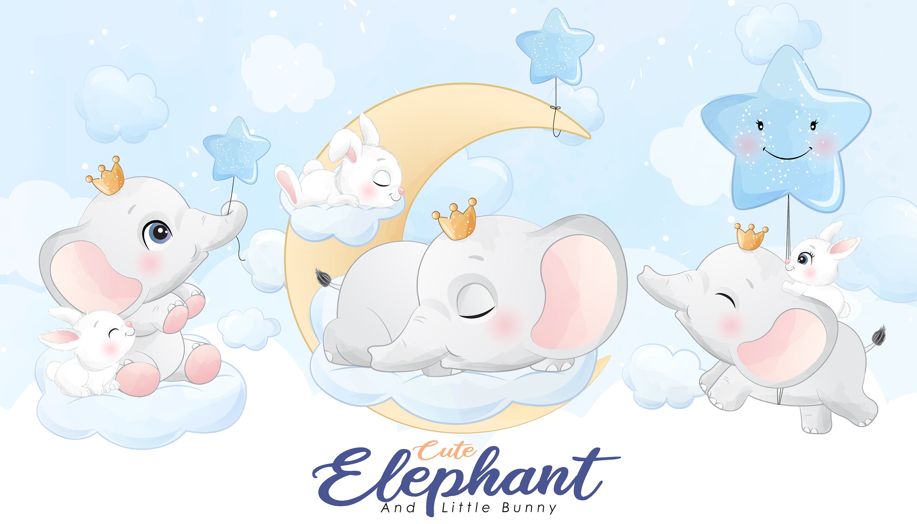 Cute Elephant and Little Bunny Clipart Set With Watercolor - Etsy