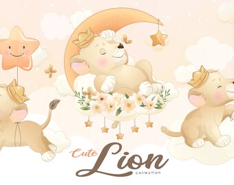 Cute Little Lion Clipart With Watercolor Illustration | Etsy