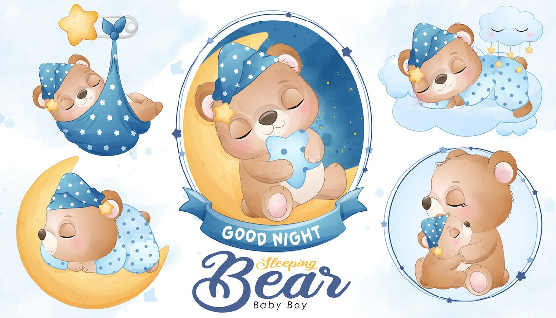 Cute Doodle Sleeping Bear Digital Clipart Collection | Etsy