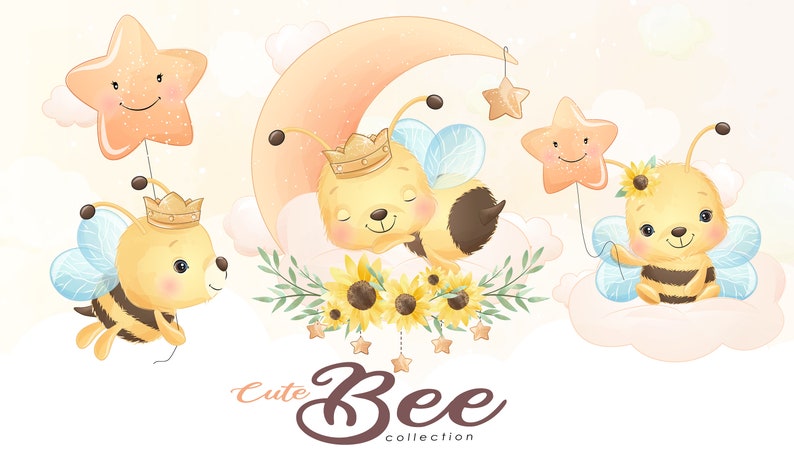 Cute Bee Clipart Set With Watercolor Illustration | Etsy