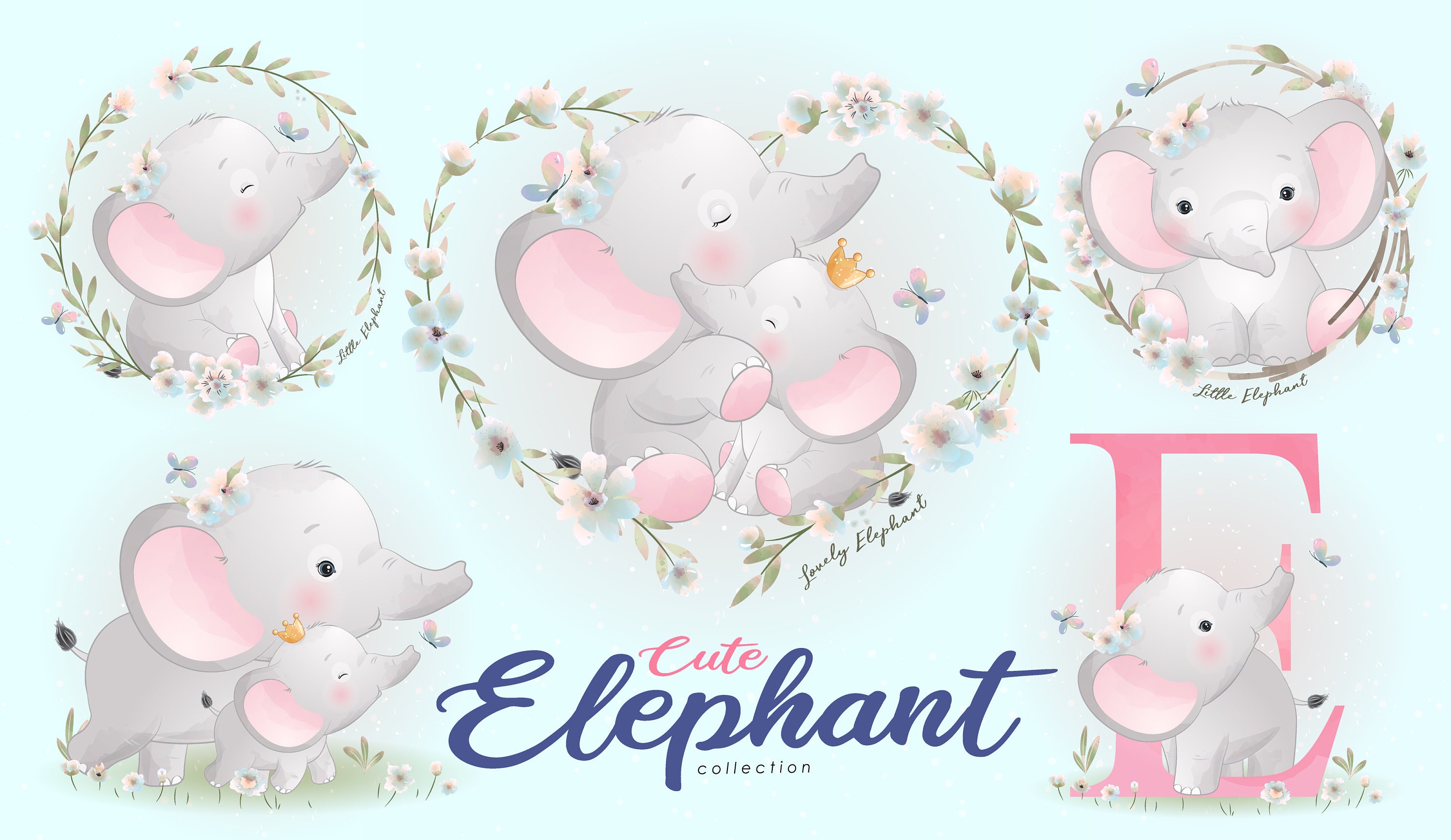 Cute Elephant Clipart Set With Watercolor Illustration | Etsy