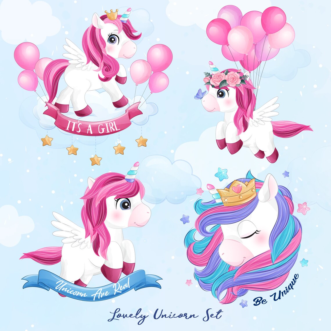 Cute Unicorn Clipart With Watercolor Illustration - Etsy