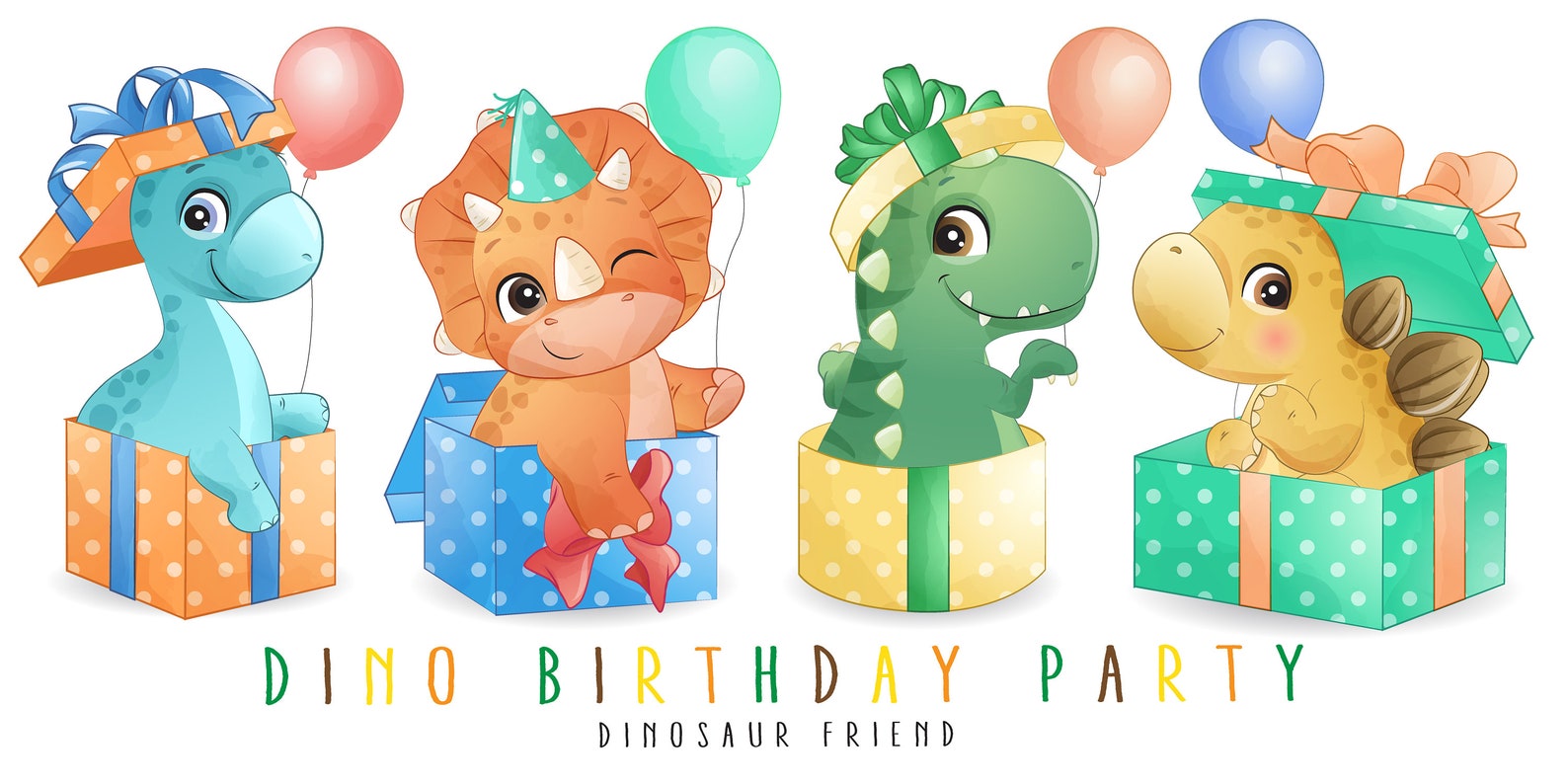 Cute Dinosaur Birthday Party Clipart With Watercolor Illustration - Etsy