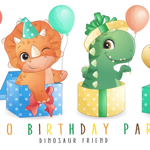 Cute Dinosaur Birthday Party Clipart With Watercolor | Etsy