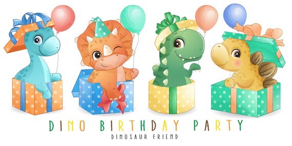 Cute Dinosaur Birthday Party Clipart With Watercolor | Etsy