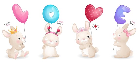 Cute bunny for valentines day clipart set. | Etsy
