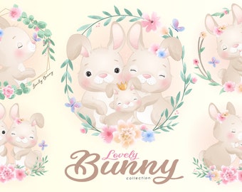 Cute Little Bunny Clipart Set With Watercolor Illustration | Etsy