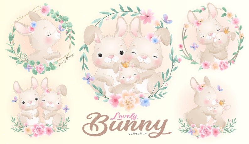 Cute Little Bunny Clipart Set With Watercolor Illustration | Etsy