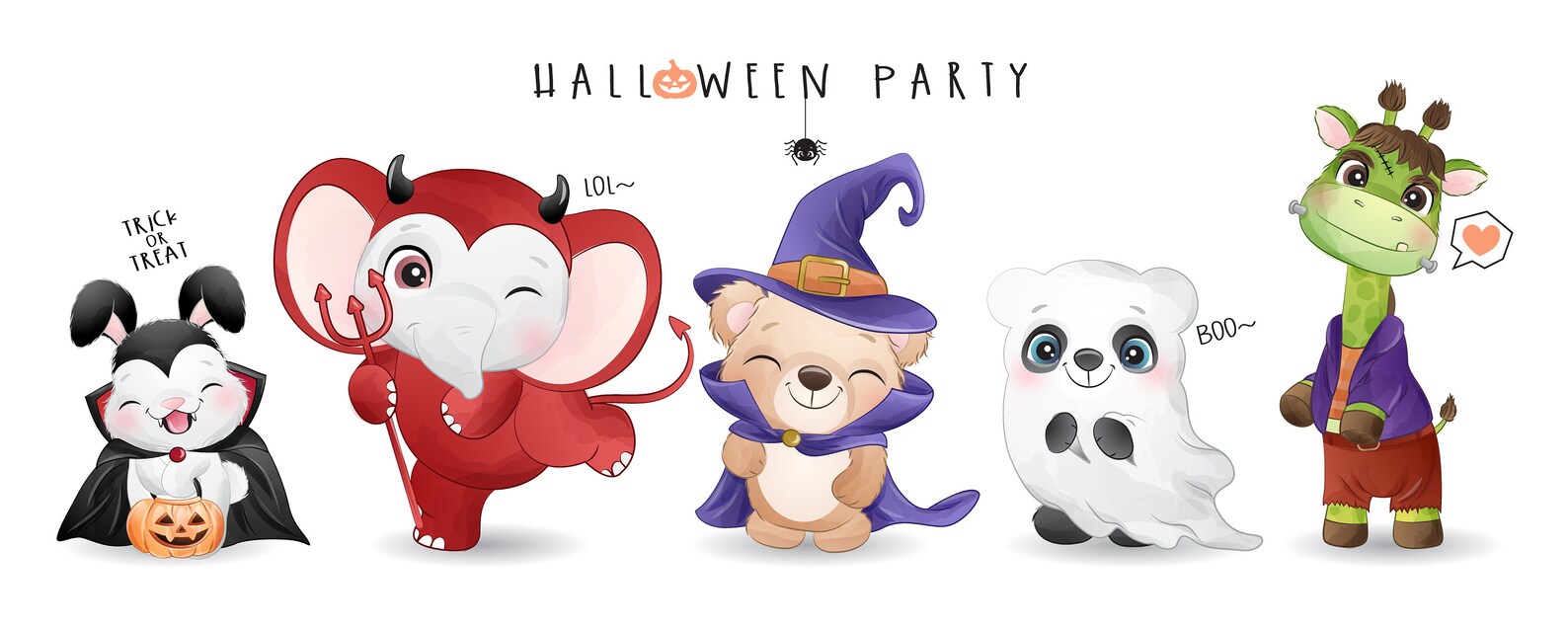 Cute Animals for Halloween Clipart With Watercolor | Etsy