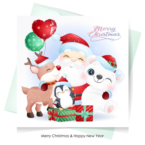 Cute Santa Claus and Friends for Merry Christmas Greeting Card | Etsy