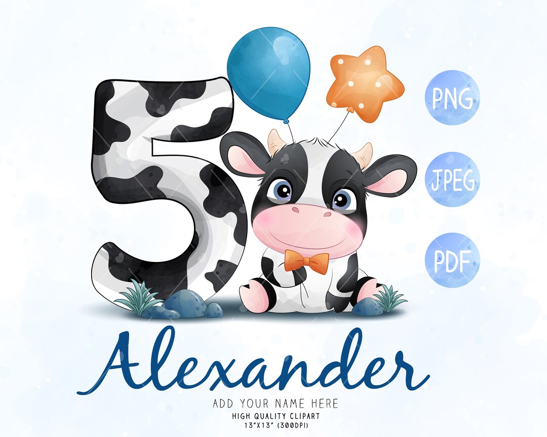 Custom Name With Adorable Cow Boy Birthday Number 5 Digital Clipart ...