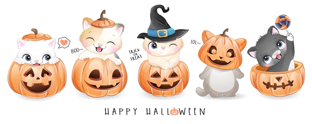 Cute Kitty for Halloween Clipart With Watercolor Illustration - Etsy