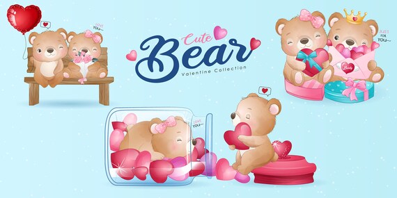 Cute Bear for Valentines Day Clipart Set. | Etsy