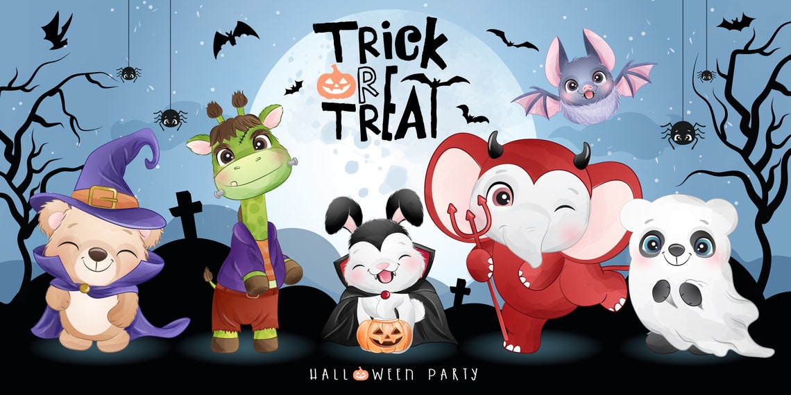 Cute Animals for Halloween Clipart With Watercolor - Etsy
