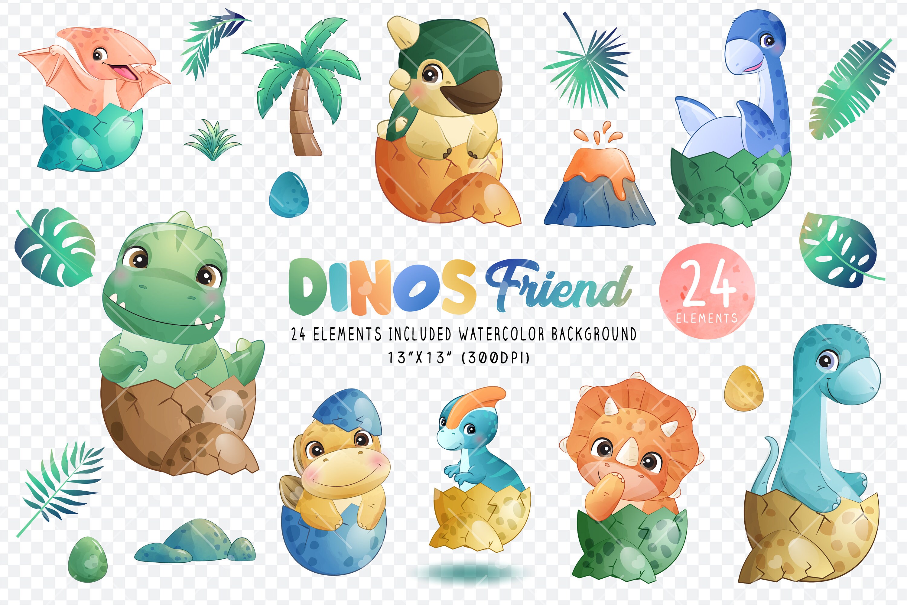 Doodle Newborn Dinosaurs Digital Clipart With Watercolor Illustration ...