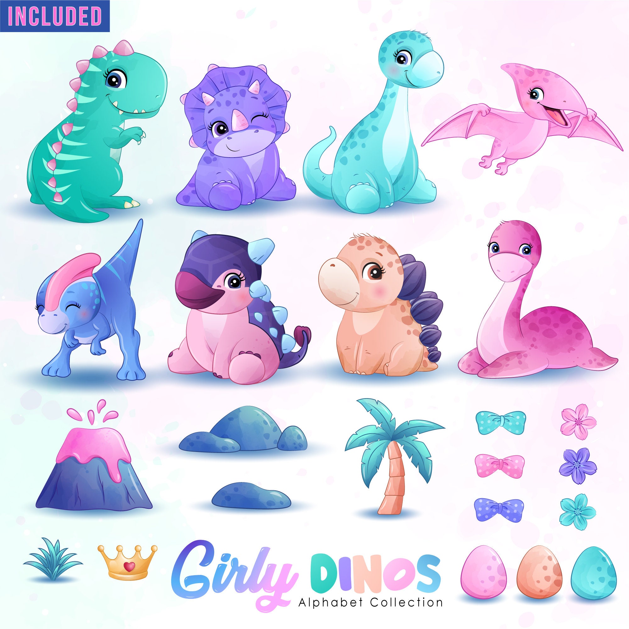 Doodle Girly Dinosaurs With Full Set Alphabet Digital Clipart. - Etsy
