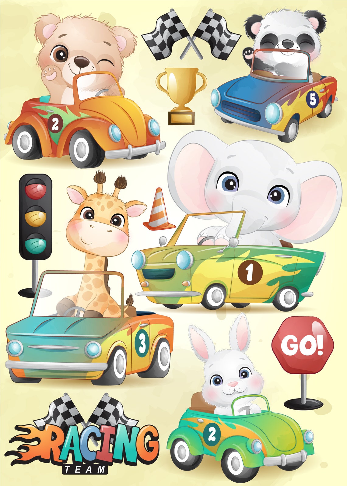 Cute Animals With Racing Car Digital Clipart Set - Etsy