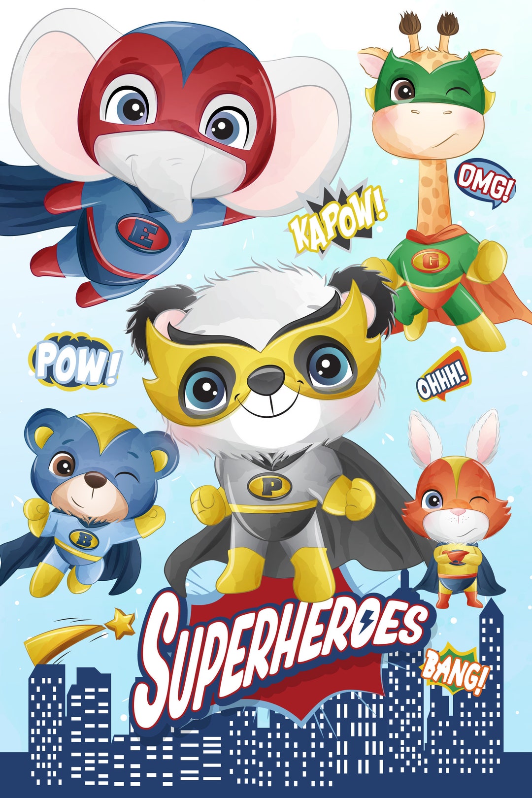 Cute Animals Superhero Clipart With Watercolor Illustration - Etsy