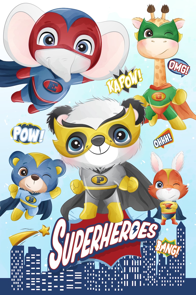 Cute Animals Superhero Clipart With Watercolor Illustration - Etsy
