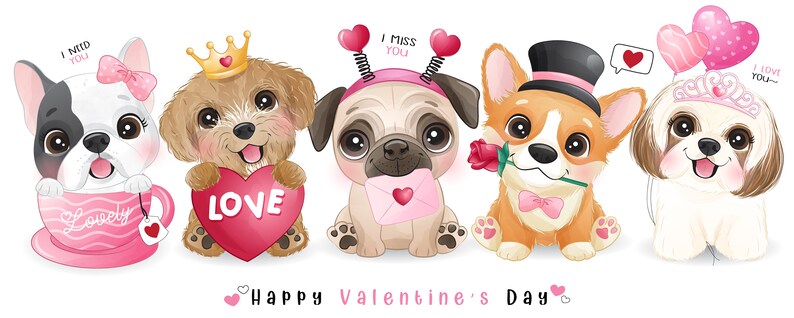 Cute Dogs for Valentine's Day Clipart With Watercolor Illustration - Etsy