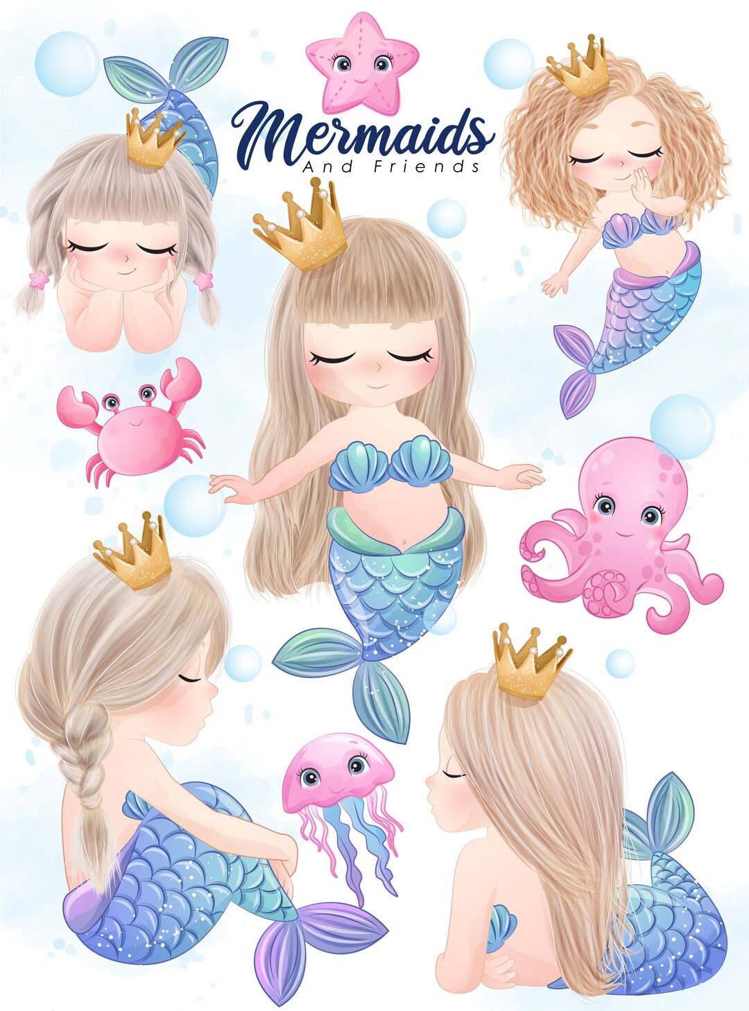 Cute Mermaid and Friends Clipart With Watercolor Digital Clipart Set - Etsy