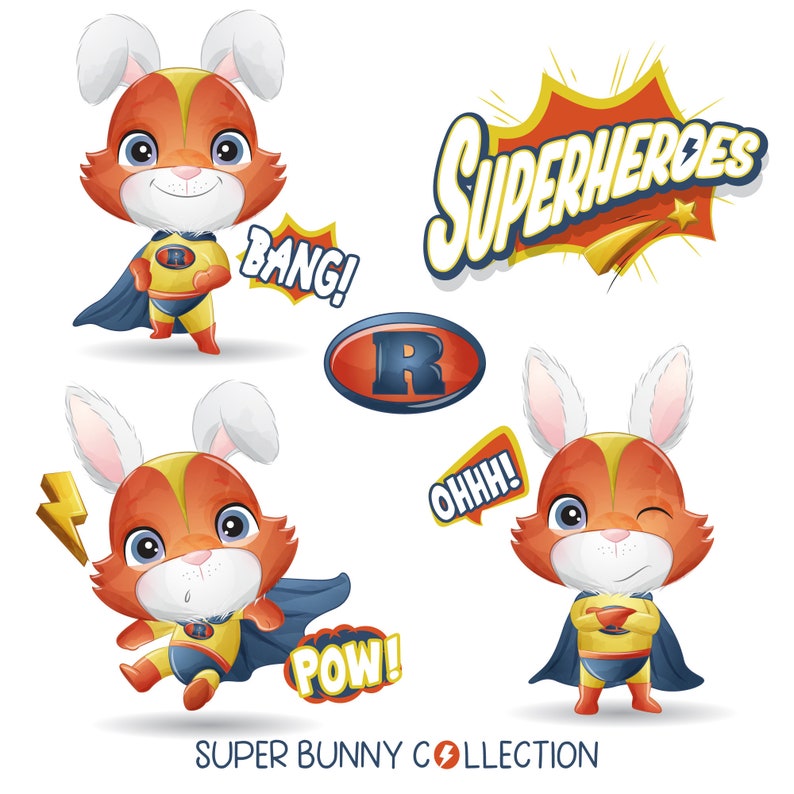 Cute Rabbit Superhero Poses Clipart With Watercolor - Etsy