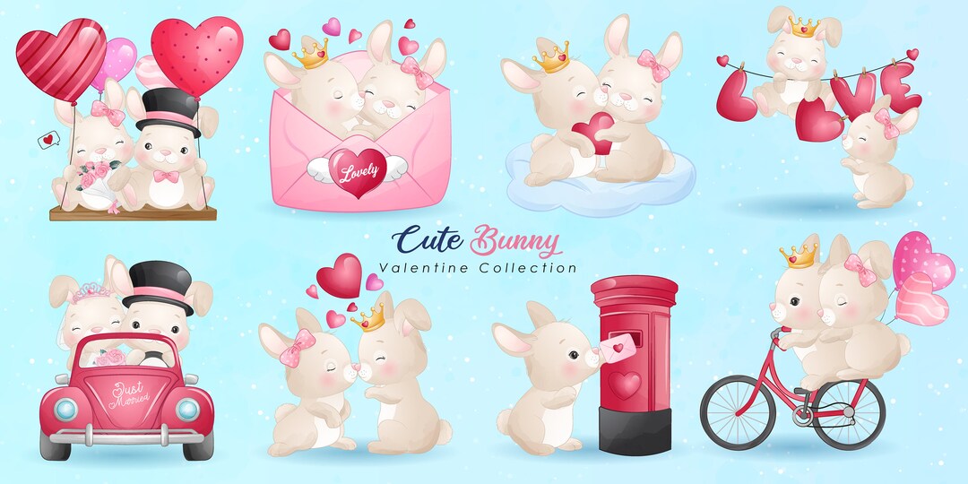 Cute Bunny for Valentine's Day Clipart With Watercolor Illustration - Etsy