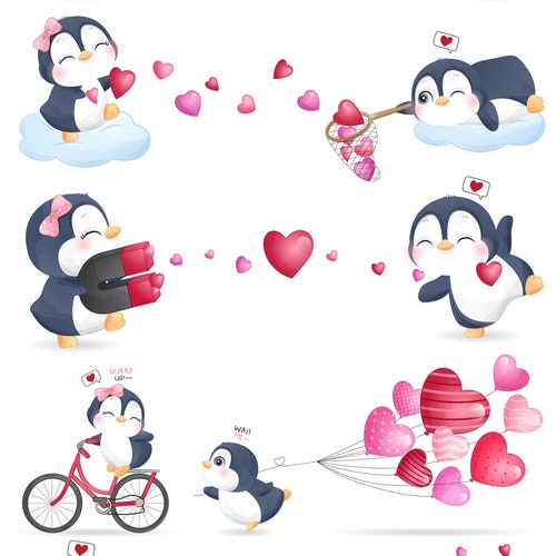 Cute Penguin for Valentines Day Clipart Set. - Etsy