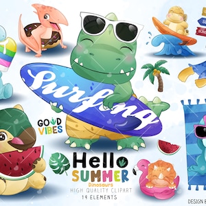 Doodle Dinosaurs Hello Summer Digital Clipart With Watercolor ...
