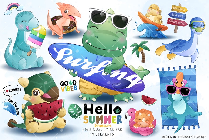 Doodle Dinosaurs Hello Summer Digital Clipart With Watercolor ...
