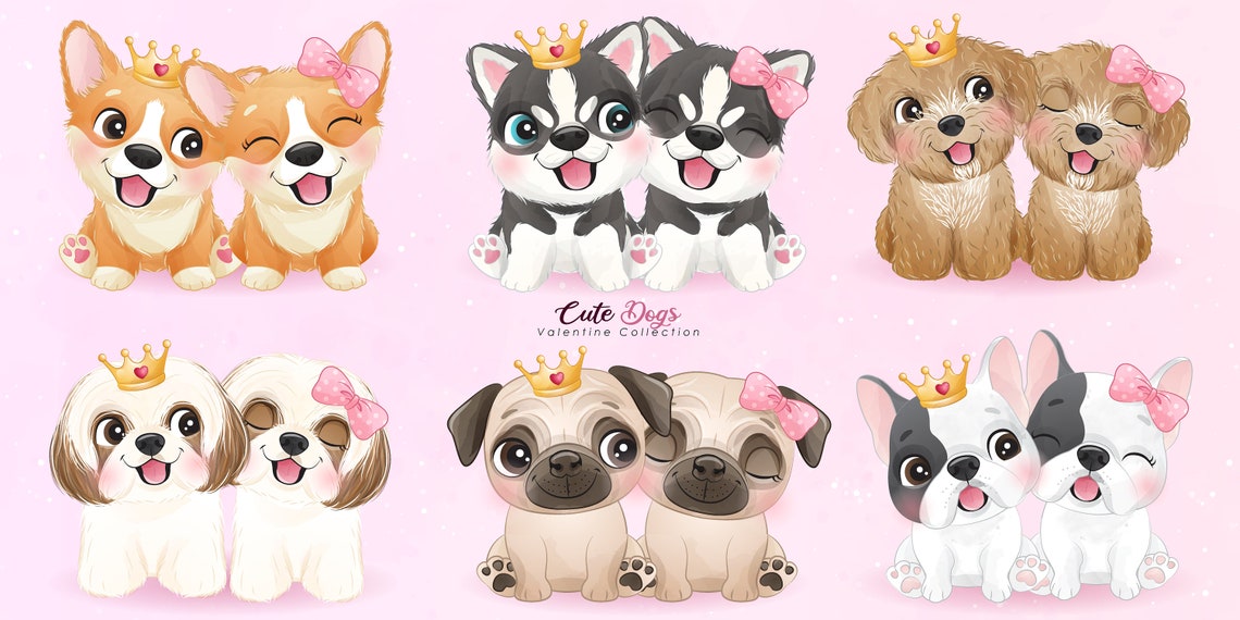 Cute Dogs for Valentine's Day Clipart With Watercolor - Etsy