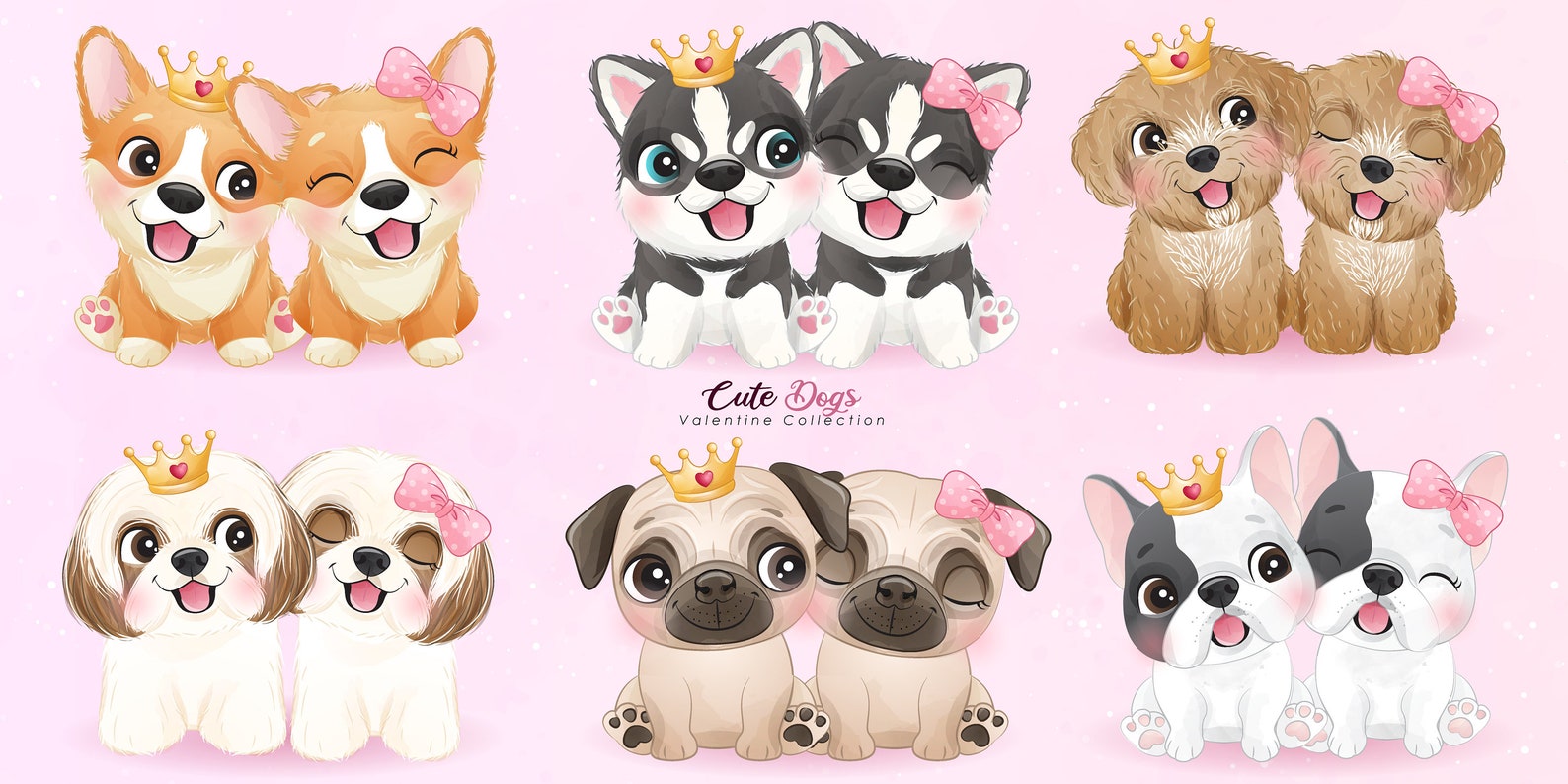 Cute Dogs for Valentine's Day Clipart With Watercolor Illustration - Etsy