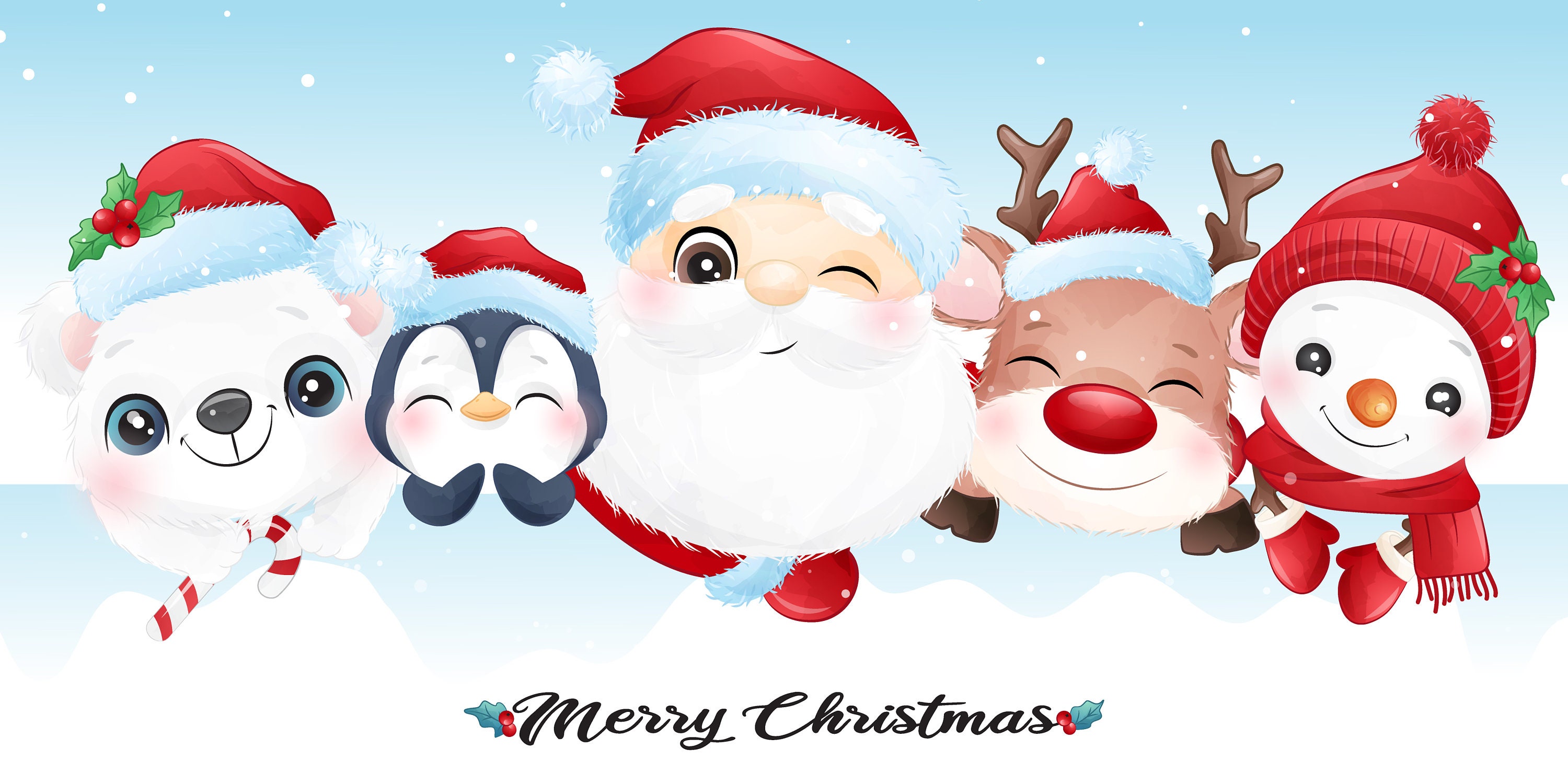 Cute santa claus and friends for merry christmas clipart with watercolor illustration