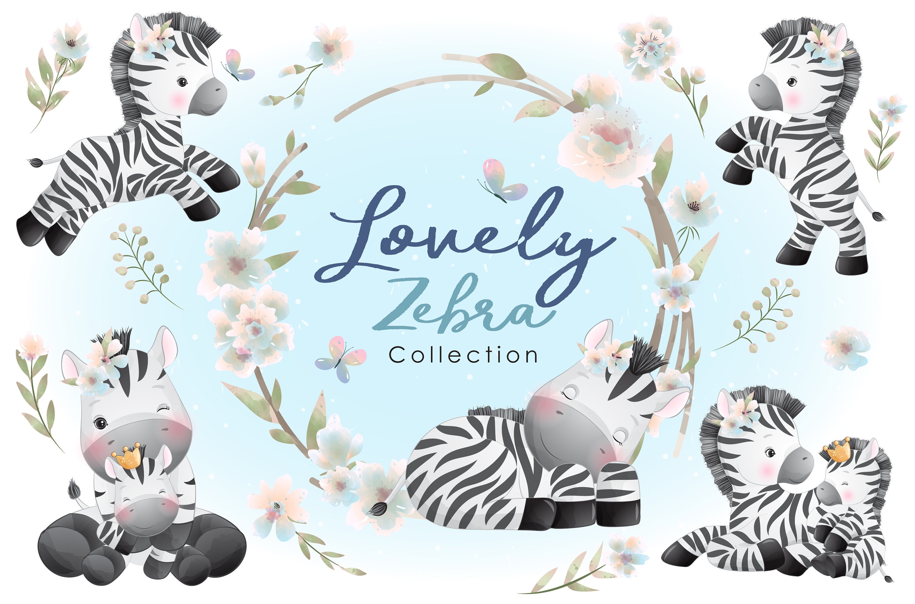 Cute Little Zebra With Floral Clipart With Watercolor Illustration - Etsy
