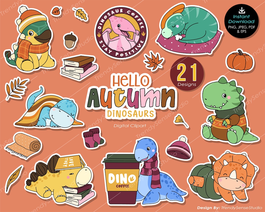 Doodle Dinosaurs Autumn Collection Digital Clipart Bundle, Sticker ...