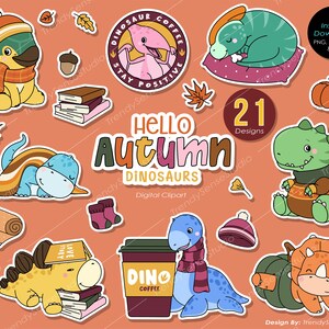 Doodle Dinosaurs Autumn Collection Digital Clipart Bundle, Sticker ...