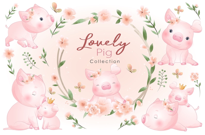 Cute Little Piggy With Floral Clipart With Watercolor Illustration - Etsy