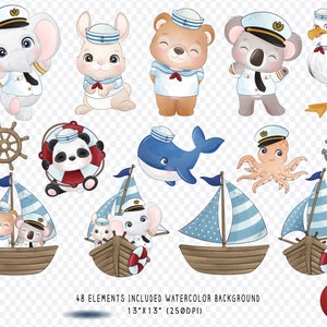 Little Sailors Birthday Party With Numbering Digital Clipart Watercolor ...
